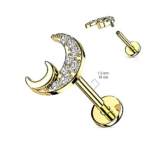 Pierced Owl 16GA Stainless Steel Crystal Paved Crescent Moon Internally Threaded Stud (Silver Tone/Aurora Borealis)