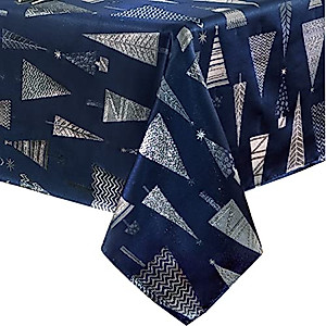 Newbridge Navy Blue and Silver Fancy Metallic Christmas Trees Fabric Holiday Tablecloth, Xmas Tree Contemporary Soil Resistant Easy Care Tablecloth, 60” x 84” Oblong/Rectangle Navy/Silver