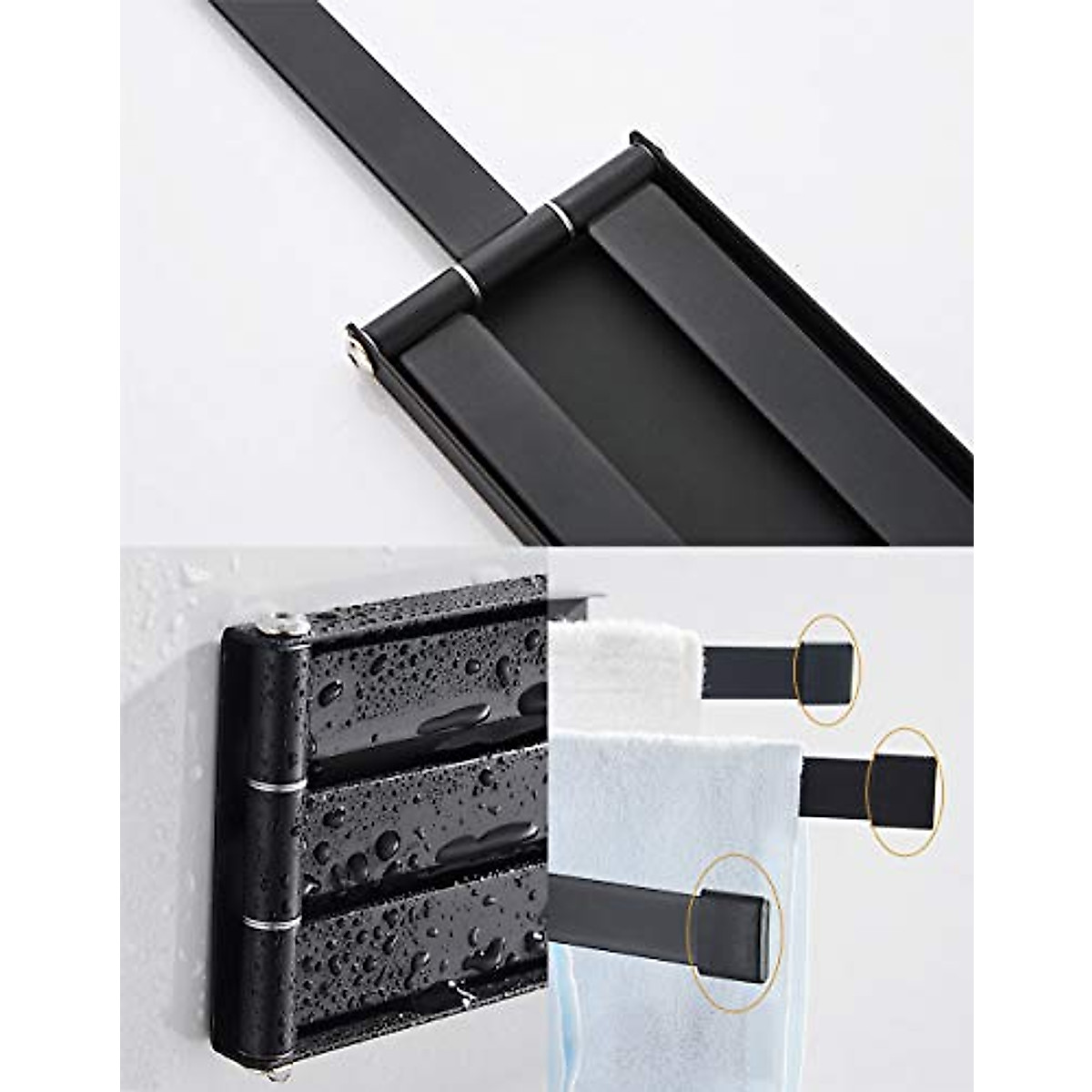 YEAVS Swing Towel Holder Rack Matte Black, Wall Mounted Towel Bar Swivel with 3-Arm for Bathroom Kitchen Storage