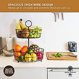 2 Tier Fruit Basket for Kitchen Regal Trunk & Co, Wire Fruit Organizer Bowl for Kitchen, Tiered Fruit Holder for Countertop or Hanging, Matt Brown Fruit stand in Metallic Frame Produce Holder