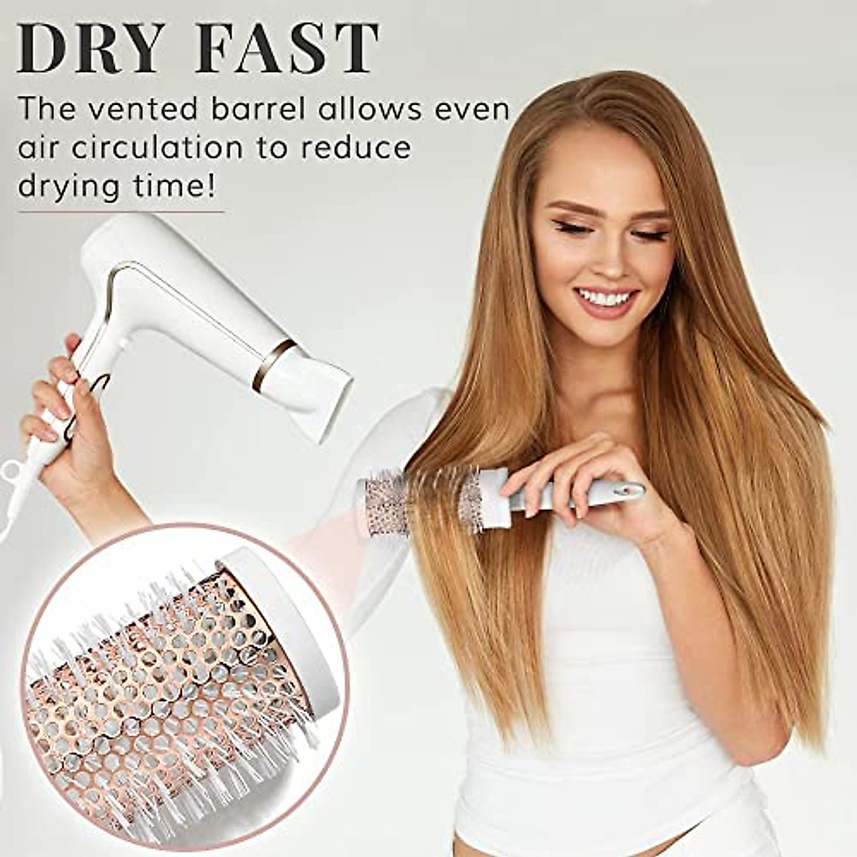 Round Brush Set for Women - Luxury Hair Brushes - Blowout Round Barrel Hairbrush for Blow Drying with Tail Comb by Lily England (White & Rose Gold)