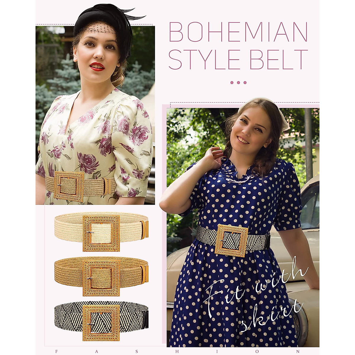 3 Pieces Straw Woven Belt Elastic Stretch Belt Boho Waist Belt Skinny Dress Braided Belt Wooden Buckle for Women