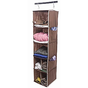 Amelitory 5 Shelf Hanging Closet Organizer Sturdy Fabric Foldable Clothes Hanging Shelves Storage Sweaters Shoes Organizer Coffee
