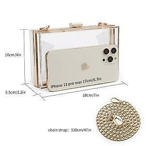 SharPlus Women Cute Clear Purse Acrylic Box Clutch Handbag, Transparent Crossbody Evening Bag Stadium Approved Gold Chain Strap