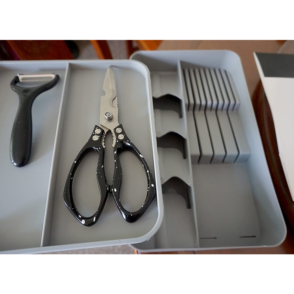 Toosbuc Kitchen Utensil Drawer Organizer 2-Tier Tray knife holder drawer & Silverware Flatware Cutlery Organizer Tray (Stackable-grey)