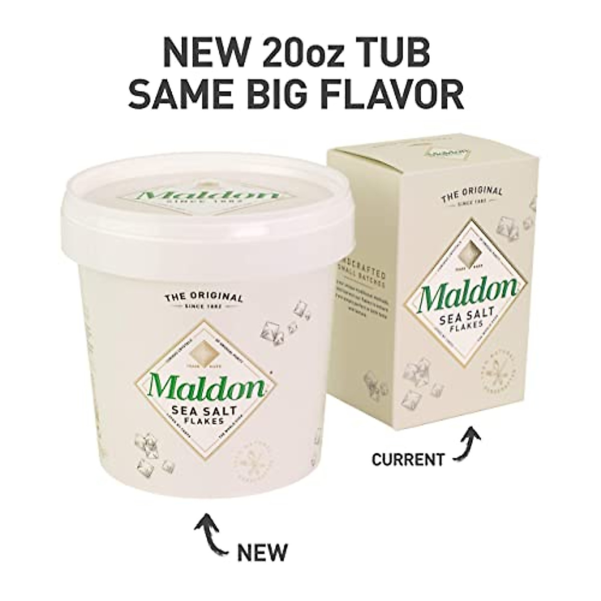 Maldon Salt, Sea Salt Flakes, 20 oz (570 g), Resealable Tub, Kosher, Natural, Handcrafted, Gourmet, Pyramid Crystals