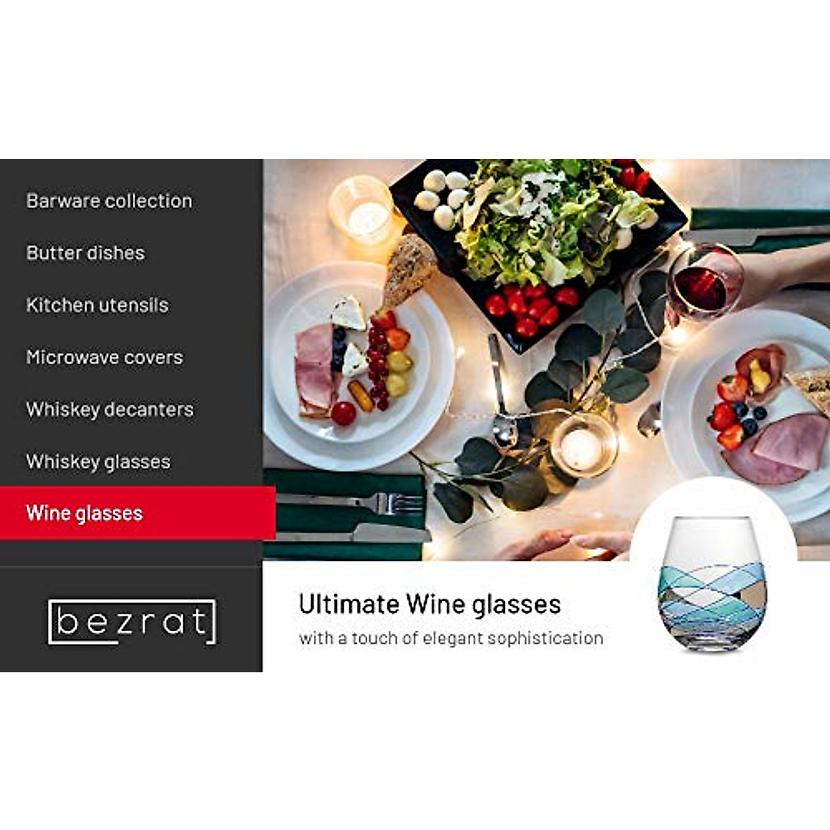 Bezrat Stemless Wine Glasses Set of Two | Hand Painted Large Premium Red and White Wine glasses | Lead-Free Crystal | Essential Wine Gift | 18 Ounces (Blue)