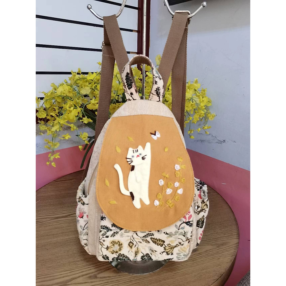 HUANGGUOSHU Backpack Purse for Women - Boho Style Small Convertible Sling Bag with Woven and Mushroom Design - Perfect Mini Backpack for Fashionable Hippie Ladies Cat