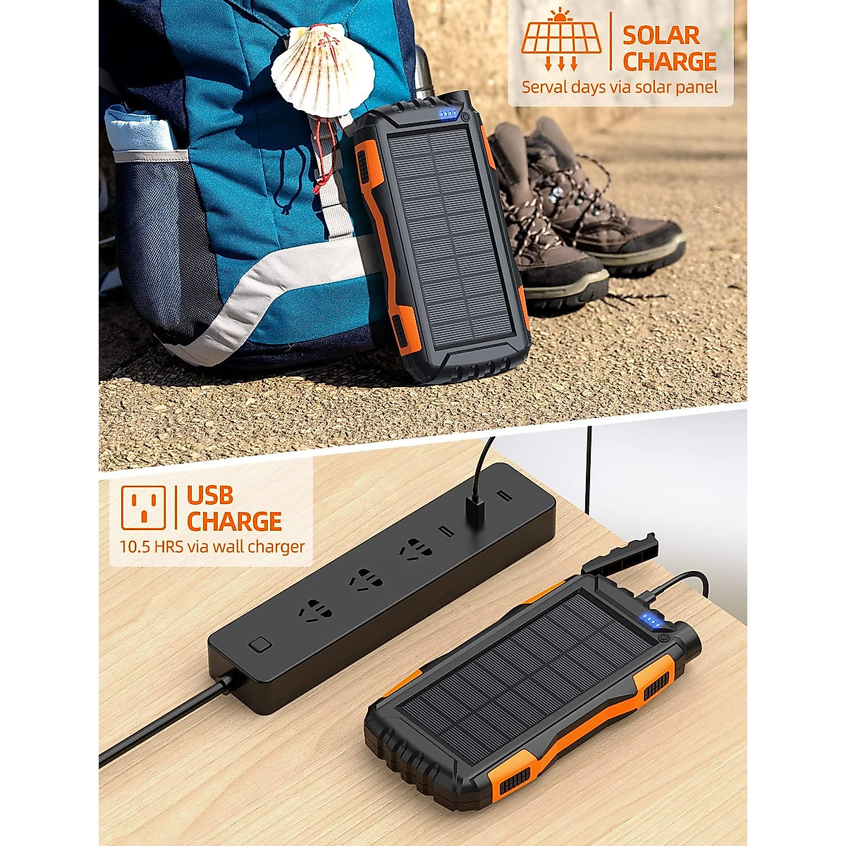 Power-Bank-Solar-Charger - 42800mAh Portable Charger,Solar Power Bank,External Battery Pack 5V3.1A Qc 3.0 Fast Charger Built-in Super Bright Flashlight (Orange)