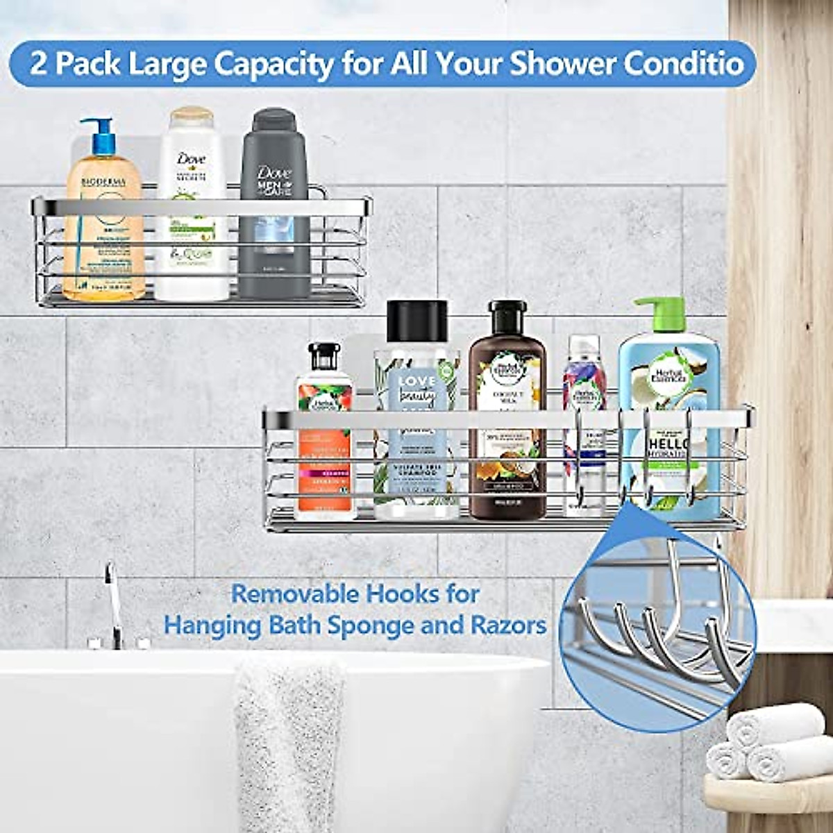 Adhesive Shower Caddy (2 Pack), Bathroom Shelves with 2 Double-Hooks, 100% SUS304 Stainless Steel Bathroom Organizer for Organization and Storage, Silver…