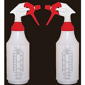 Spray Bottles with Large Top for Easy Filling, Reusable, 32oz, 2 Complete Bottles, with Scale on Side of Bottle for Easy Mixing, Part# WM83233-WM02-RED (Red & White Sprayer Top)