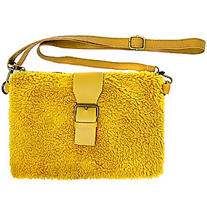 Me Plus Women Fashion Soft Sherpa Fleece Faux Leather Handbag Purse Shoulder Bag Adjustable Strap (Sherpa Fleece - Mustard)