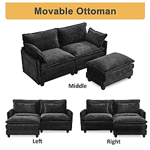 SENIFIS 77.6" Loveseat Sofa, Chenille Sectional Comfy Cloud Sofa Chouch with Movable Ottoman & Pillow, Modern 2-Seater Small Sofa Sleeper Deap Couches for Living Room (Black, Loveseat)