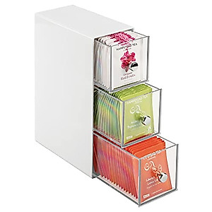 mDesign Plastic Kitchen Pantry Stackable Storage Organizer Container Station with 3 Drawers for Cabinet, Countertop, Holds Coffee, Tea, Sugar Packets, Creamers - Lumiere Collection - White/Clear