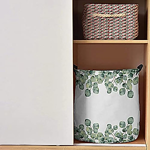 Tropical plants Large Laundry Hamper Collapsible with Handles, Waterproof Dirty Clothes Hamper Baby Nursery for Kids Room Dorm Storage, Watercolor Eucalyptus Leaves