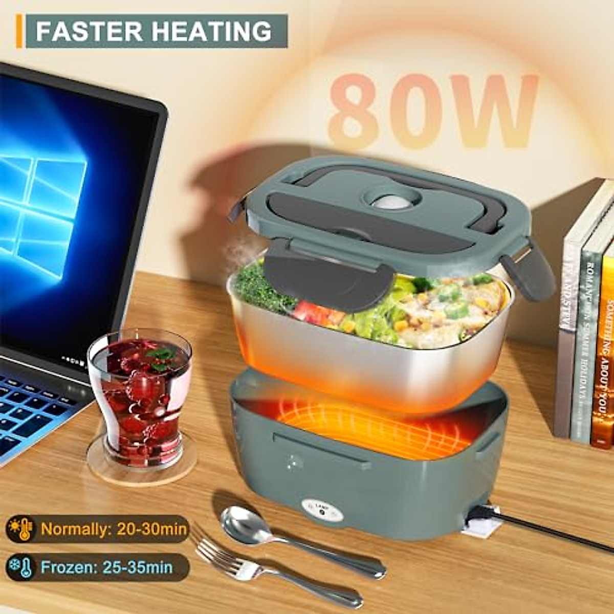 Monteka Electric Lunch Box Food Heater - Leakproof Portable Food Warmer heated lunch box for adults for Car/Home/Truck with 1.5L Removable Stainless Steel Container, 80W, 12V/24V/110V, Green