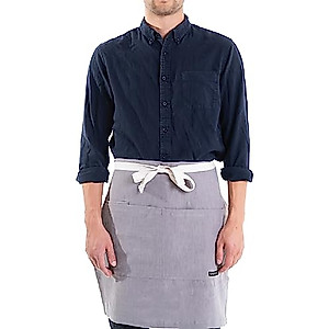 Caldo Linen Bistro Cafe Apron - Professional Grade with Pockets, Half Kitchen Apron, Mid Length 23 x 23, 40 Inch Waist Ties - Durable Unisex Uniform- Server or Chef (Grey)