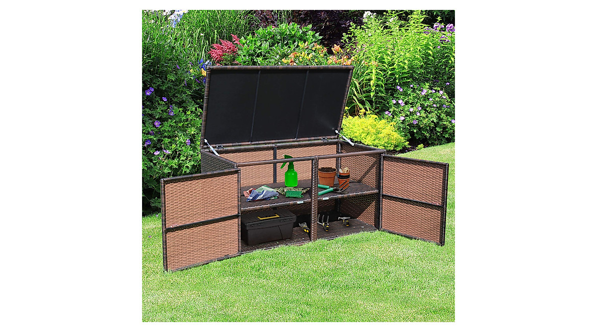Tangkula Outdoor Wicker Storage Box, Garden Deck Bin with Steel Frame ...
