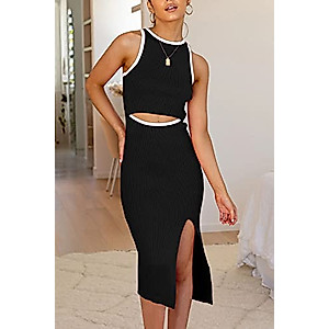 PRETTYGARDEN Women's Summer Midi Bodycon Dresses Casual Crew Neck Side Slit Sleeveless Knit Cut Out Tank Top Dress (Z-Black,Small)