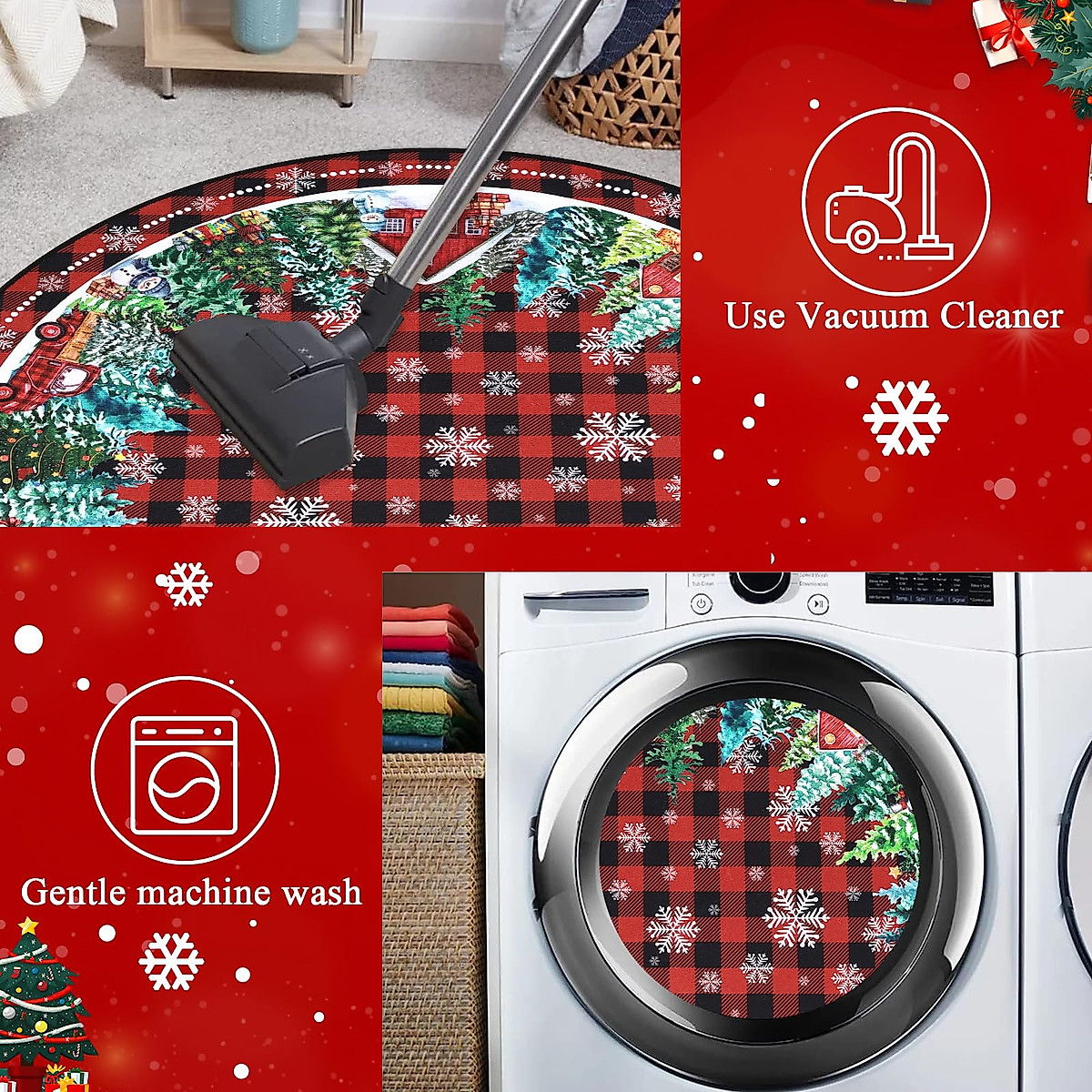 HEBE 4Ft Round Christmas Area Rug Non Slip Farmhouse Round Rug for Living Room Washable Soft Circle Rugs for Bedroom Christmas Round Floor Carpet for Dining Room Xmas Holiday Decor