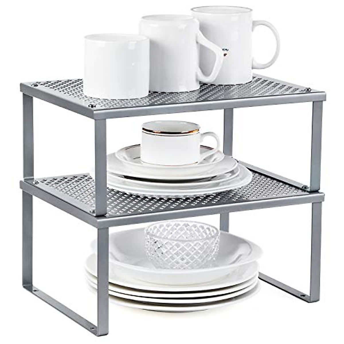 SONGMICS Cabinet Shelf Organizers, Shelf Organizer, Countertop Organizer, Shelf Riser, Stackable, Expandable, Set of 2 Metal Kitchen Counter Shelves, Silver UKCS01SV