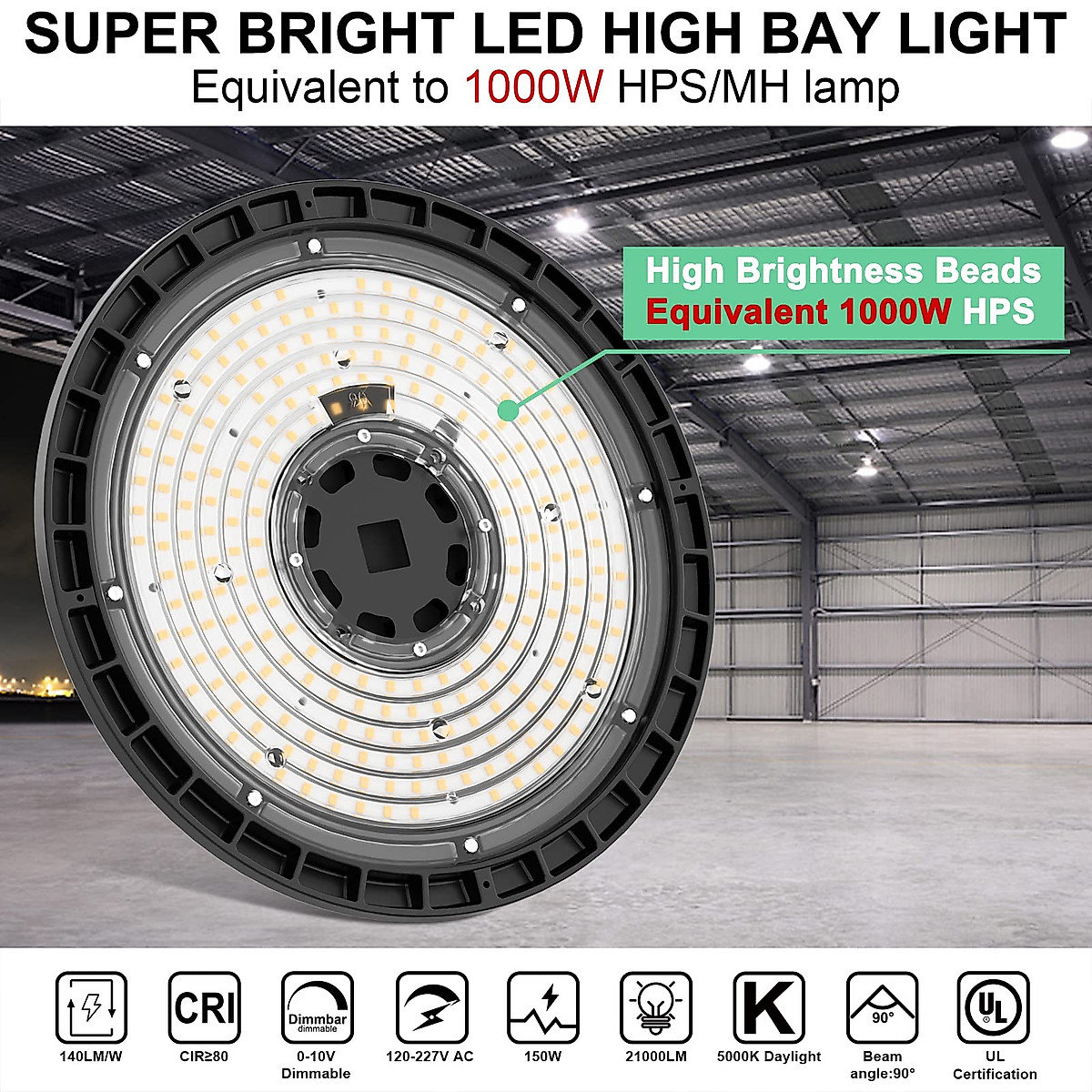 UFO LED High Bay Light 150W 0-10V Dimmable Garage Light Ceiling 5000K 21000LM IP66 Waterproof Shop Lights Super Bright Fixture with 5' Cable Plug Commercial Lighting for Factory Warehouse Workshop