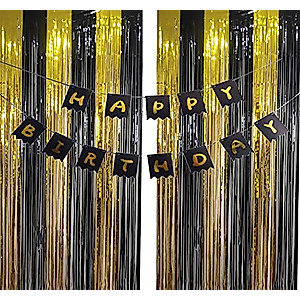 2 Pack 3.3ft x 9.8ft Metallic Fringe Curtains Door Foil Curtains Metallic Curtains Halloween Christmas Party Decoration Tinsel Curtains for Photo Backdrop Party Decorations (Black Gold-2)