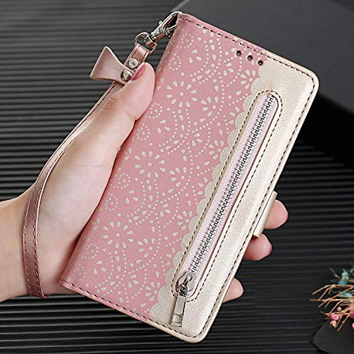 Compatible with Samsung Galaxy Z Fold4 5G 2022, Leather Zipper Wallet Flower Lace Pattern Case with Credit Card Slots Holder Cover Case for Galaxy Z Fold 4