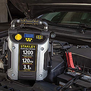 STANLEY J5C09D Digital Portable Power Station Jump Starter: 1200 Peak/600 Instant Amps, 120 PSI Air Compressor, 3.1A USB Ports, Battery Clamps