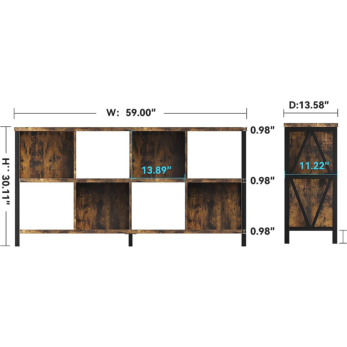 SOMEET 8 Cubes Open Bookshelf with Back Panel, Horizontal Organizer Cubby Storage Bookcase with Legs, Industrial Rustic Wood and Metal Long Display Cabinet Shelf for Living Room, Walnut Brown
