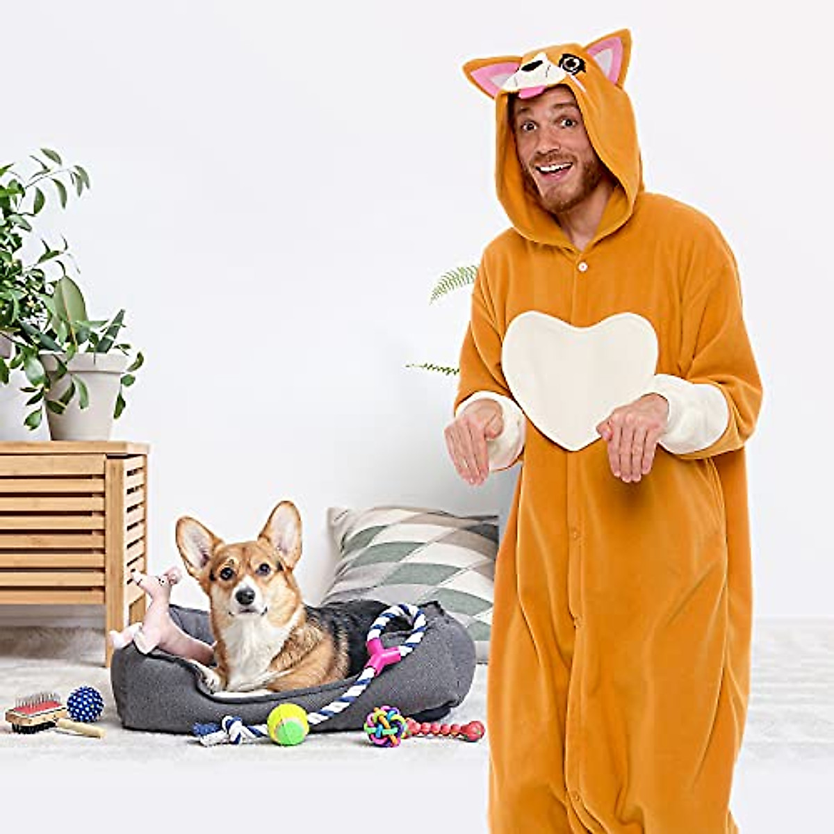 Silver Lilly Unisex Adult Pajamas - Plush One Piece Cosplay Corgi Animal Costume (L) Brown