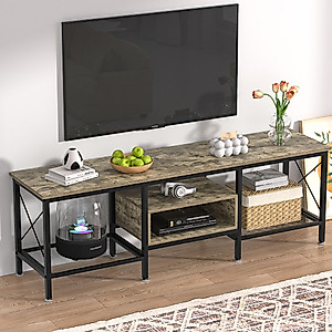 VECELO Industrial TV Stand for 65 Inch Television Cabinet 3-Tier Console with Open Storage Shelves, Entertainment Center Metal Frame for Living Room, Bedroom, 55 Inch, Grey