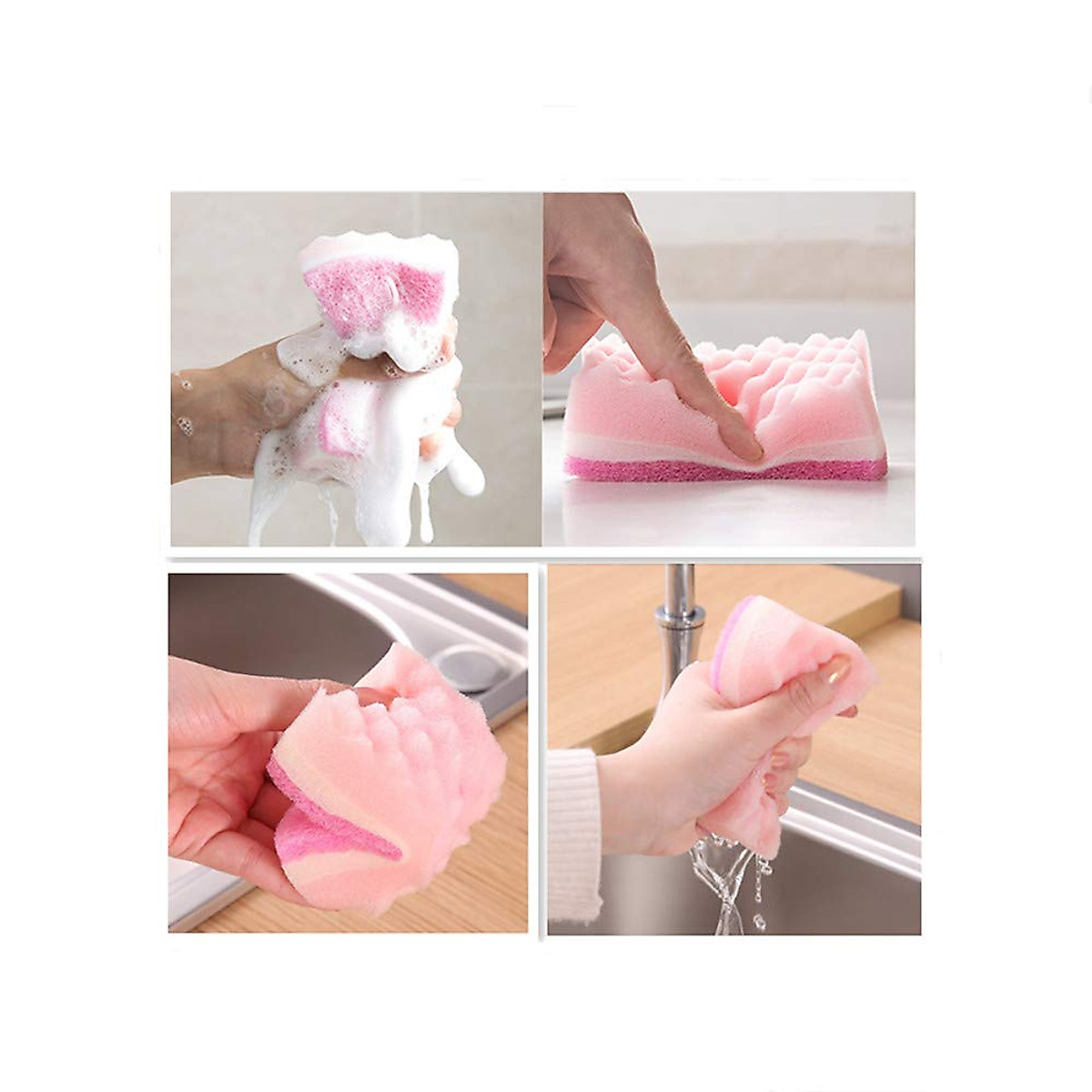 Yellow Pink Colors Multi-Functional Sponges Non-Scratch Scrub Sponges Household Kitchen Cleaning Sponges Durable Scouring Pads,Pack of 4