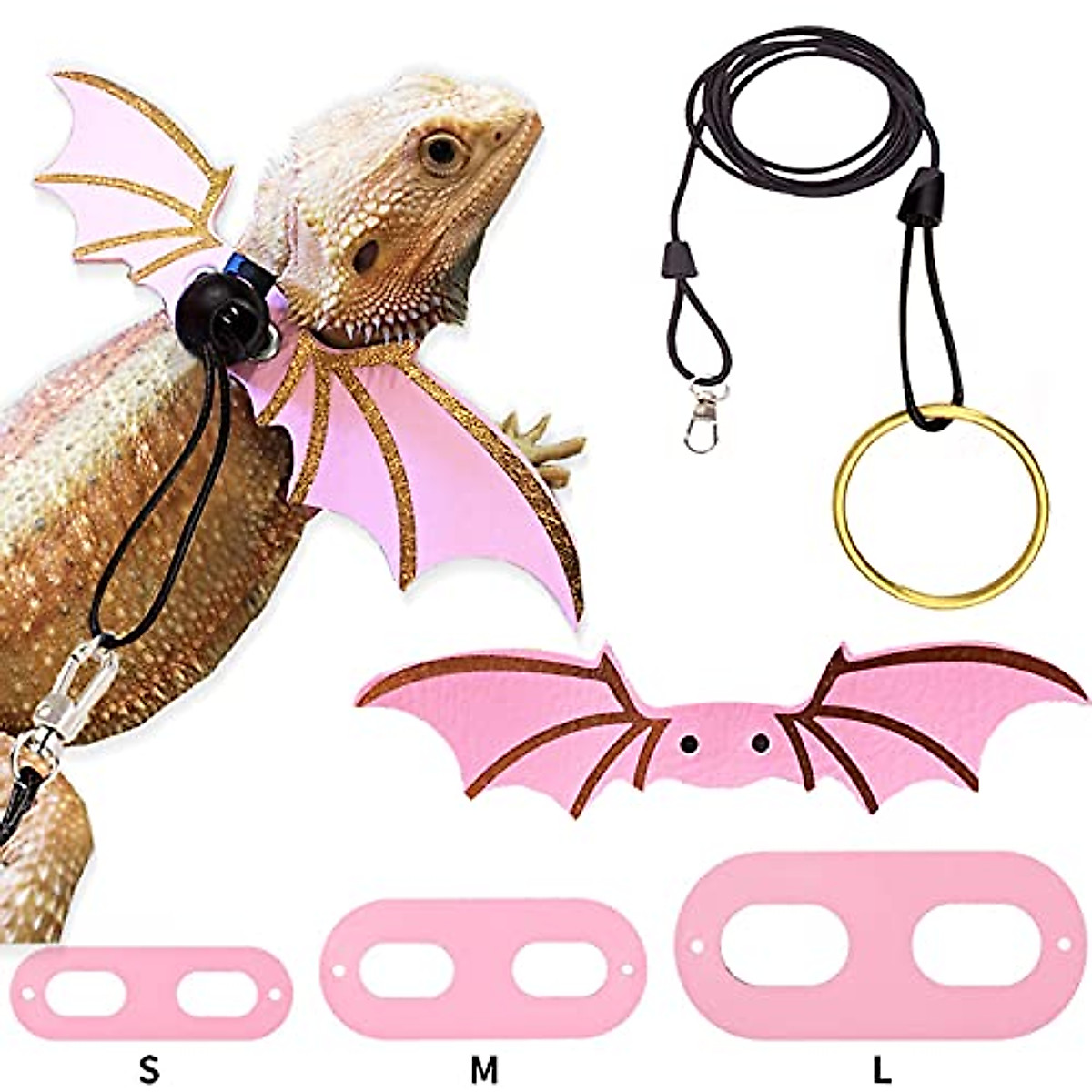 Bearded Dragon Leash and Harness Adjustable Leather Wings Costume Carrier from Baby to Juvenile Lizard Iguana Gecko Chameleon Hamster Ferret Reptile Walking Leash S M L 3 Pack