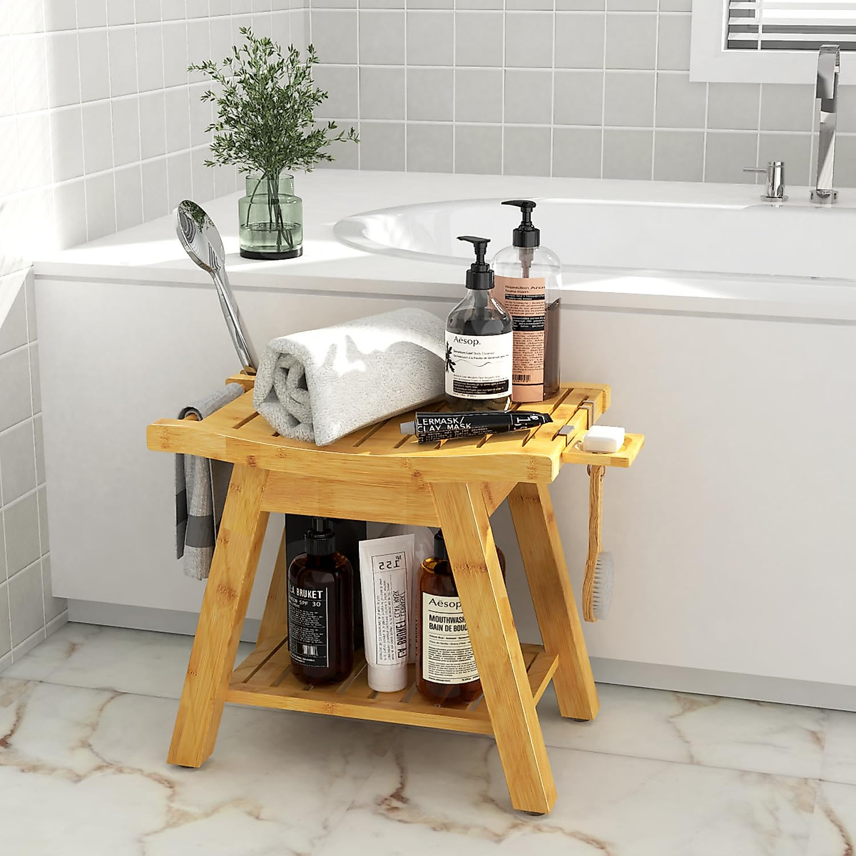 ETECHMART Bamboo Shower Bench Seat, A-Shaped Bath Spa Stool with Storage Shelf for Legs Shaving Inside Shower or Bathroom, Waterproof Wooden Shower Chair for Seniors Adults Disabled Elderly, Bamboo