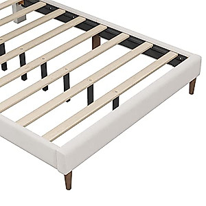 Modern Queen Size Upholstered Bed Frame with Vertical Channel Tufted Headboard, Linen Bed Frame Queen Platform Bed for Bedroom Guest Room w/Solid Wood Slat Support, No Box Spring Needed (Cream, Queen)