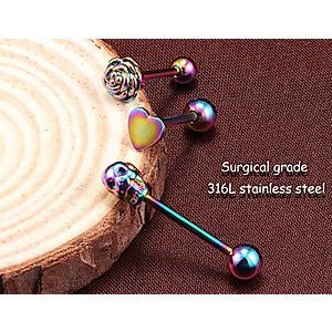 Prjndjw Jewelry, Rainbow, 12PCS, 5/8in(16mm) L. 14G Tongue Ring Surgical Stainless Steel Tongue Piercing Barbell Body Jewelry for Women