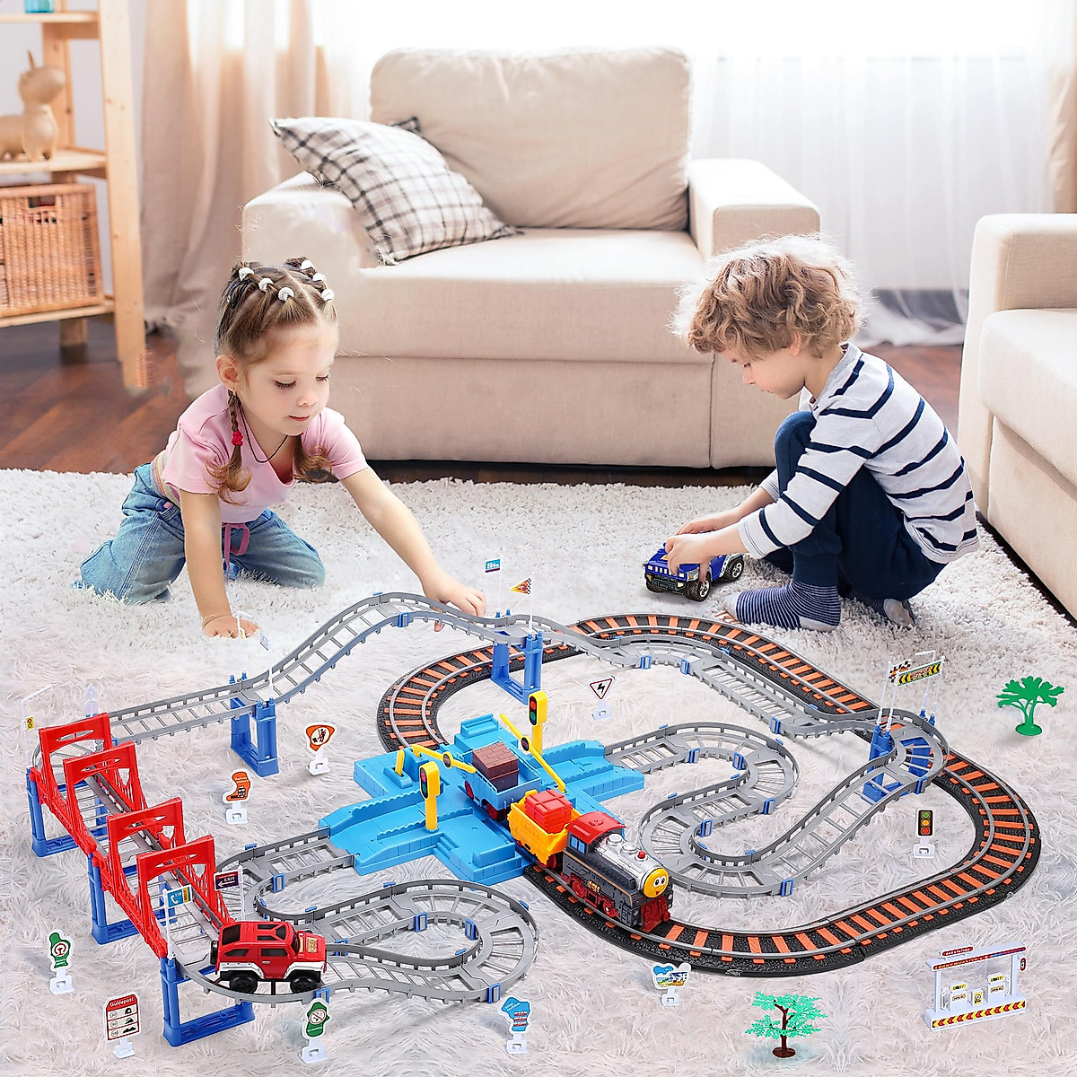 CUTE STONE Toy Train Set for Toddler, Train Track Set with Cars, Electric Train with Realistic Sound, Train Track Playset for 3 4 5 Years Old Girls & Boys