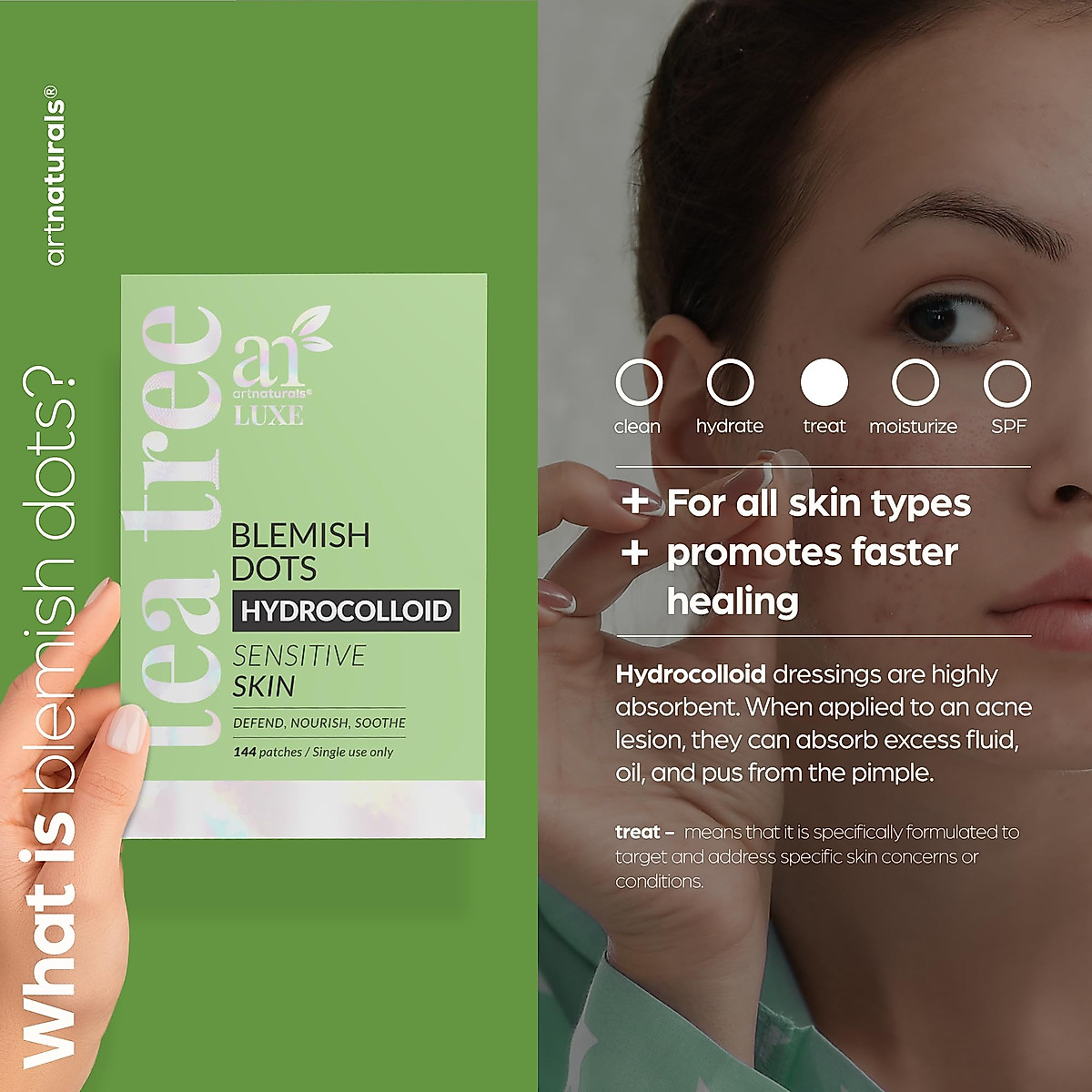 Artnaturals Acne Pimple Patches (144 Pack) Hydrocolloid Acne Patches with Tea Tree Treatment for Zits and Breakouts, Spots and Dots Stickers for Face and Skin