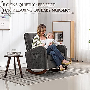 Upholstered Rocking Chair for Nursery, Accent Glider Rocker with Side Pocket, Comfy Armchair with Tall Backrest and Double Layer Cushion, Baby Nursery Glider for Living Room, Bedroom (Dark Grey)
