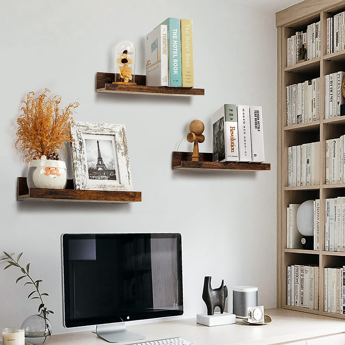 Upsimples Home Floating Shelves for Wall Décor Storage, Wall Shelves Set of 5, Wall Mounted Wood Shelves for Bedroom, Living Room, Bathroom, Kitchen, Small Picture Ledge Farmhouse Shelves, Brown