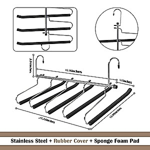 CINKSY Space Saving Pants Skirt Hanger 5 in 1 Pants Jeans Hangers with Non-Slip Foam Padded Metal Skirt Hanger with Adjustable Clips