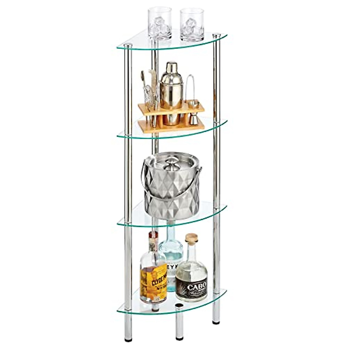 mDesign Modern Glass Corner 4-Tier Storage Organizer Tower Cabinet with Open Shelves - Display Furniture for Bathroom, Office, Bedroom, Living Room - Holds Books, Plants, Candles - Chrome/Clear