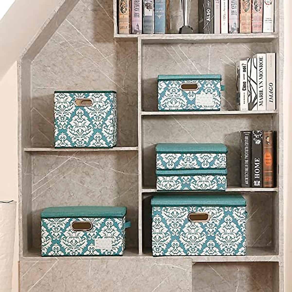SEEKIND Storage Box, Decorative Storage Bins with Lid,6 in 1 Set,with Handles,Foldable for Space Saving Storage Boxes,for Bras,Clothes, Cosmetic,Blankets (Turquoise)