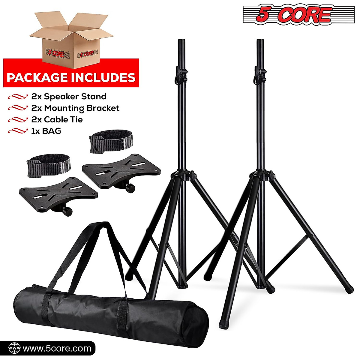 5 Core Speaker Stand Pair Tripod Floor Heavy Duty Adjustable Up to 72 Inch DJ Studio Monitor Stands Pole Mount - SS HD 2PK BLK Bag