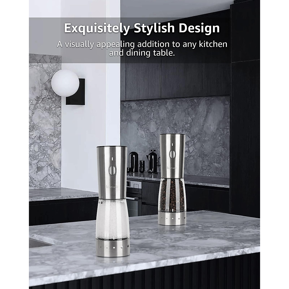 Electric Salt and Pepper Grinder Set, Large Capacity 5.3oz Salt and Pepper Grinder Set with Adjustable Coarseness, Rechargeable Stainless Steel Electric Pepper Grinder with Elegant Storage Base