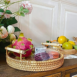 Ochine 1 Pack Wood Serving Tray Woven Serving Tray with Handles, Round Bread Serving Basket Poly-Wicker Basket Tray Decorative Rattan Fruit Tray for Serving Bread Vegetable Snack