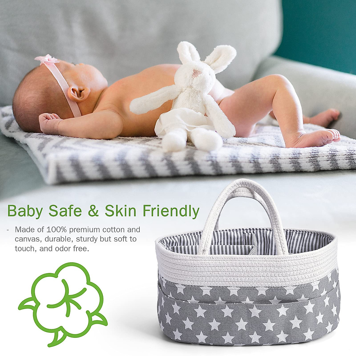 Baby Diaper Caddy Organizer, Rope Nursery Storage Basket with Removable Division Inserts, 3 Grids 8 Pouches, for Baby Boy or Girl Shower Gifts Newborn Essential Stuff Registry Must Haves Item
