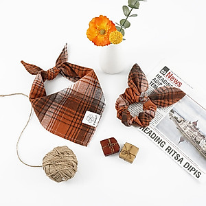 E-Clover Fall Dog Bandana & Matching Scrunchie-Christmas Dog Bandana Triangle Plaid Pet Scarf Bib for Medium Large Dogs Girl Boy Owner Gift