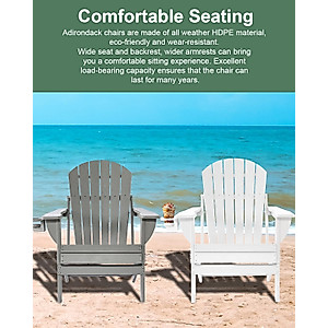 Withniture Folding Adirondack Chairs, HDPE Adirondack Chair Wood Texture Plastic Adirondack Chairs with Cup Holder, Weather Resistant Fire Pit Chairs for Backyard Deck, White